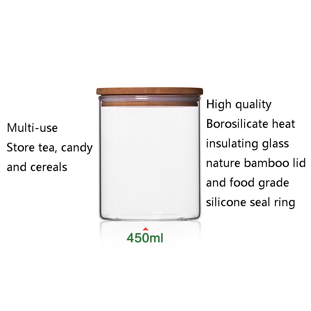 Newerlives Air Tight Storage Jar, Glass Storage Tank with a Natural Bamboo Lid, 450 ML, 650 ML, 950 ML (Bamboo, 450ML)
