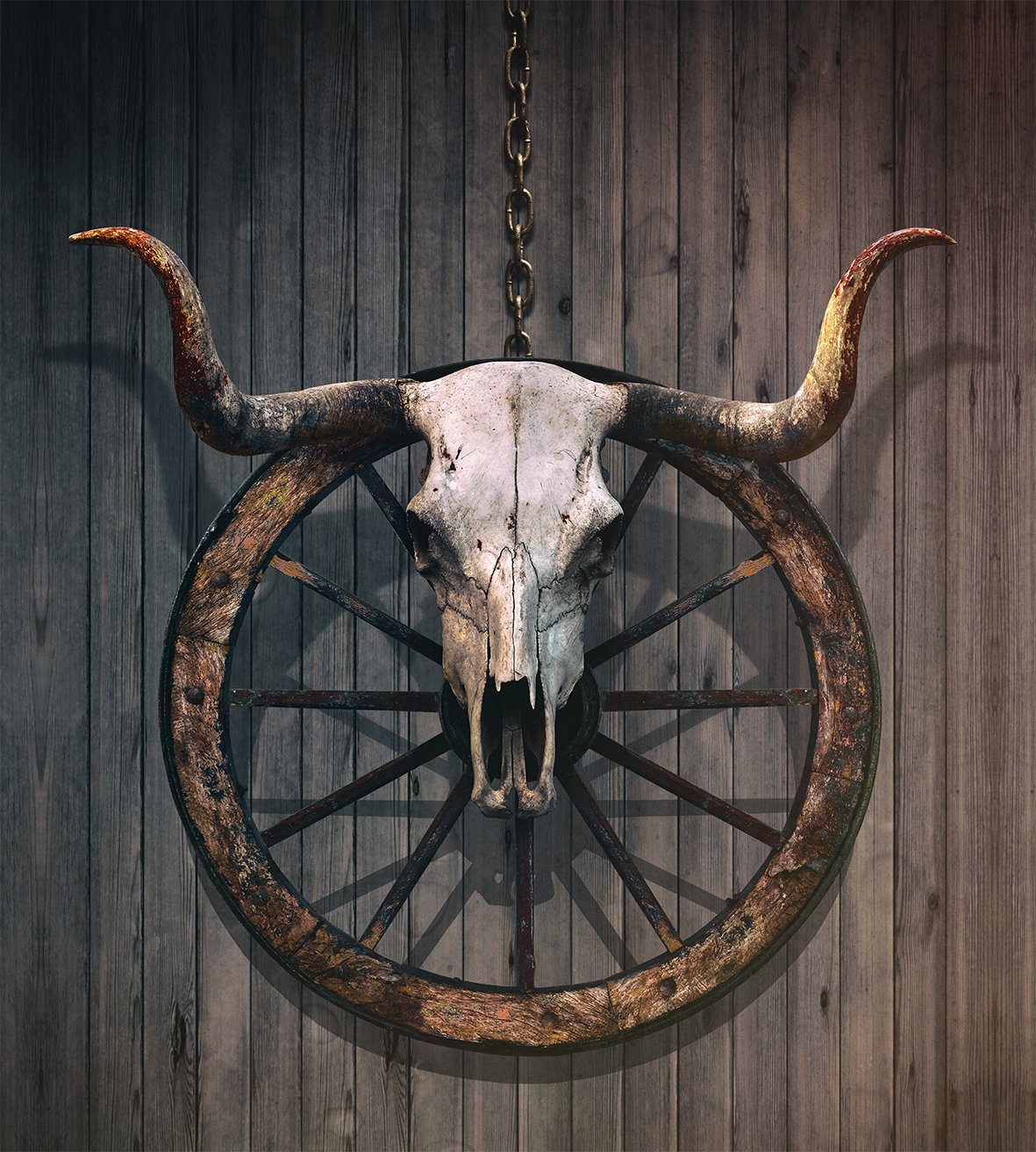 Ambesonne Barn Wood Wagon Wheel Duvet Cover Set, Long Horned Bull Skull and Old West Wagon Wheel on Rustic Wall, Decorative 3 Piece Bedding Set with 2 Pillow Shams, Queen Size, White Black Brown