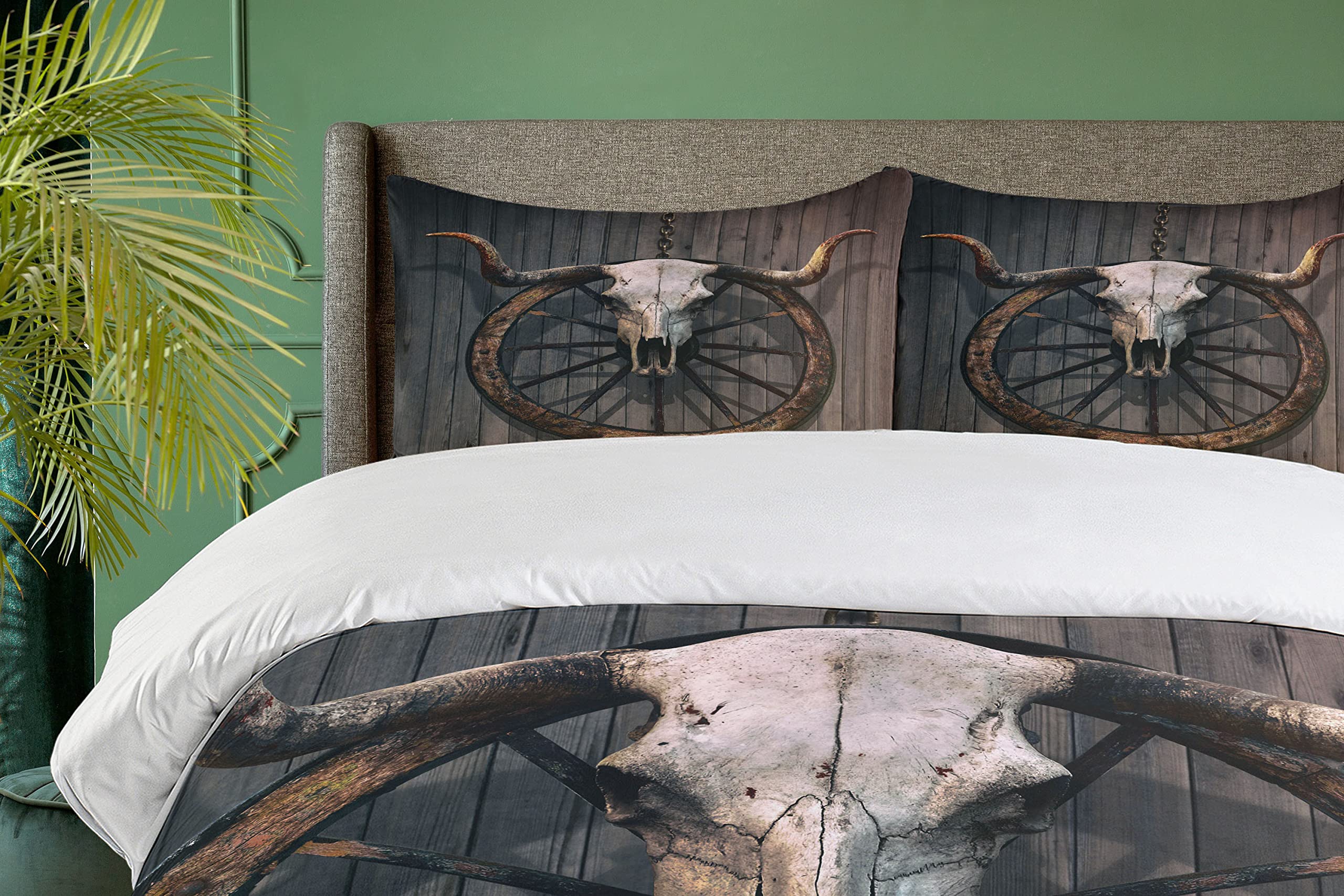 Ambesonne Barn Wood Wagon Wheel Duvet Cover Set, Long Horned Bull Skull and Old West Wagon Wheel on Rustic Wall, Decorative 3 Piece Bedding Set with 2 Pillow Shams, Queen Size, White Black Brown