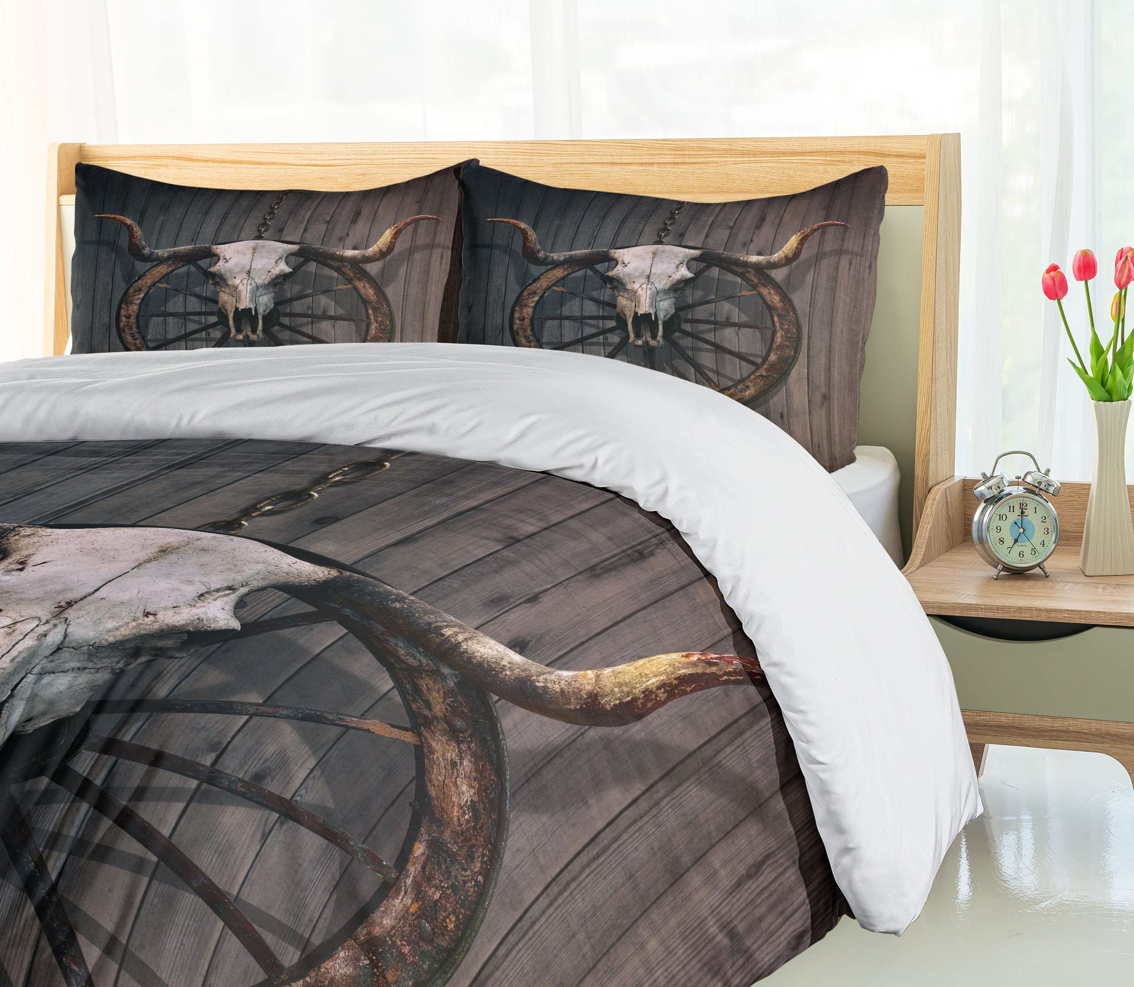 Ambesonne Barn Wood Wagon Wheel Duvet Cover Set, Long Horned Bull Skull and Old West Wagon Wheel on Rustic Wall, Decorative 3 Piece Bedding Set with 2 Pillow Shams, Queen Size, White Black Brown