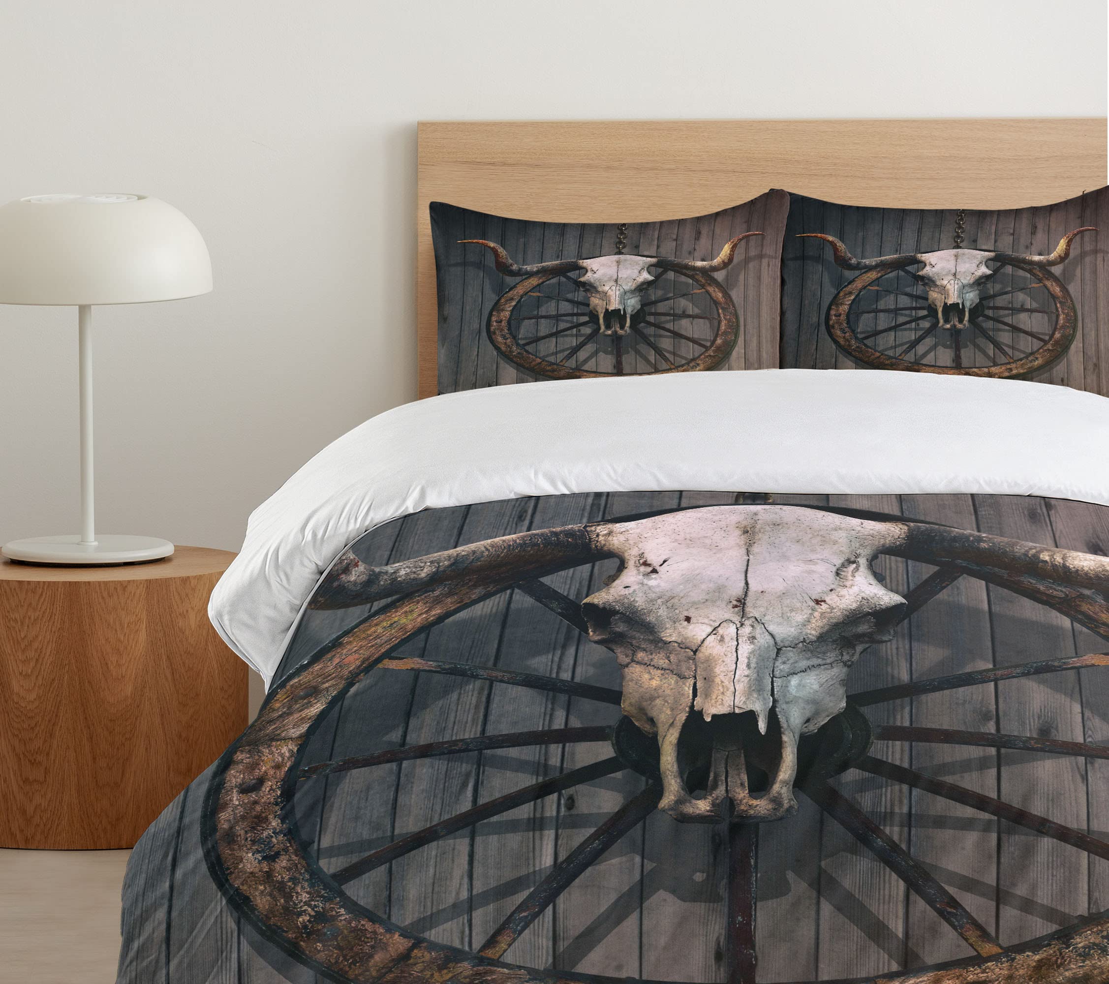 Ambesonne Barn Wood Wagon Wheel Duvet Cover Set, Long Horned Bull Skull and Old West Wagon Wheel on Rustic Wall, Decorative 3 Piece Bedding Set with 2 Pillow Shams, Queen Size, White Black Brown