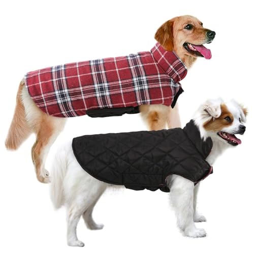 MIGOHI Dog Jackets for Winter, Reversible Dog Coat Windproof Waterproof Dog Winter Jackets for Cold Weather, British Style Plaid Dog Coats Warm Dog Vest for Small Medium Large Dogs, Red 2XL