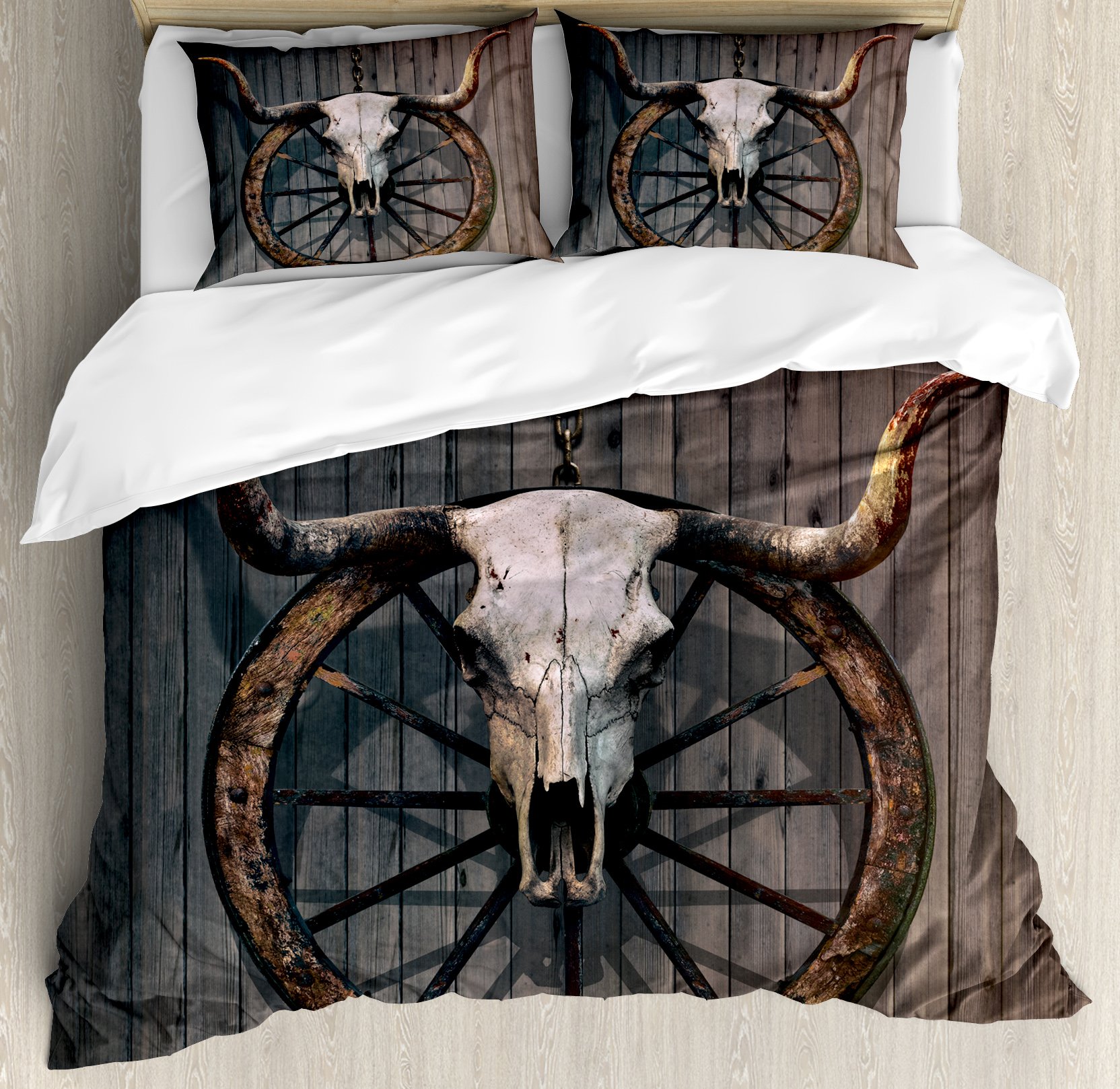 Ambesonne Barn Wood Wagon Wheel Duvet Cover Set, Long Horned Bull Skull and Old West Wagon Wheel on Rustic Wall, Decorative 3 Piece Bedding Set with 2 Pillow Shams, Queen Size, White Black Brown
