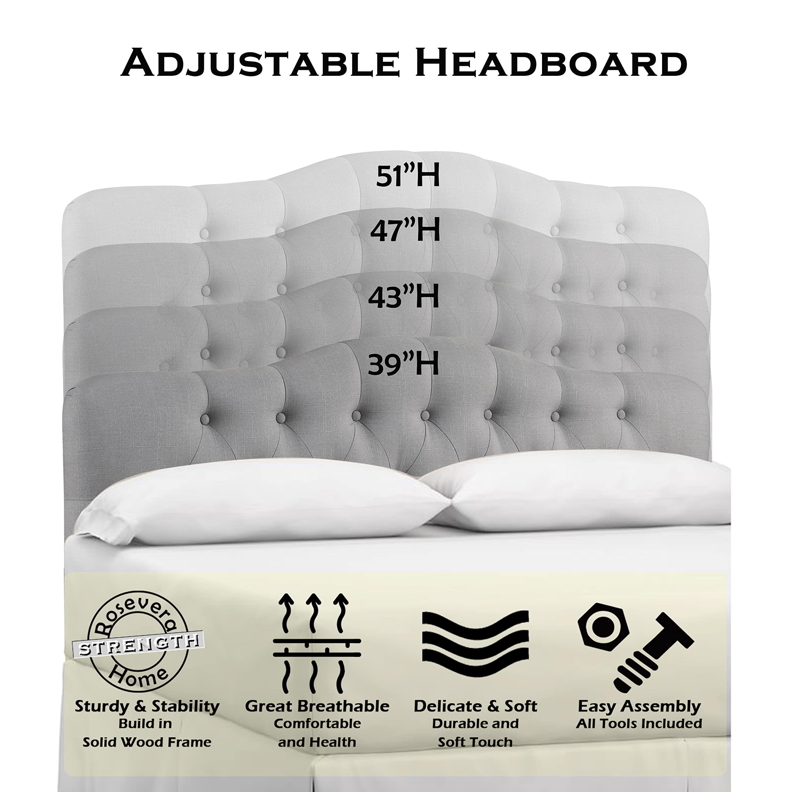Rosevera Givanna Adjustable Heigh Headboard with Linen Upholstery and Button Tufting for Bedroom,Queen,Gray