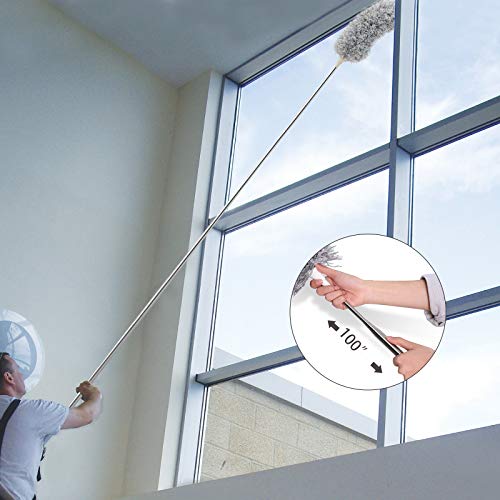 Anawin Microfiber Duster for Cleaning, 100’’ Duster with Extension Pole, Extendable Bendable Cobweb Telescoping Long Dusters for High Ceiling Fan, Blinds, Vents, Furniture, Cars(Single Head)