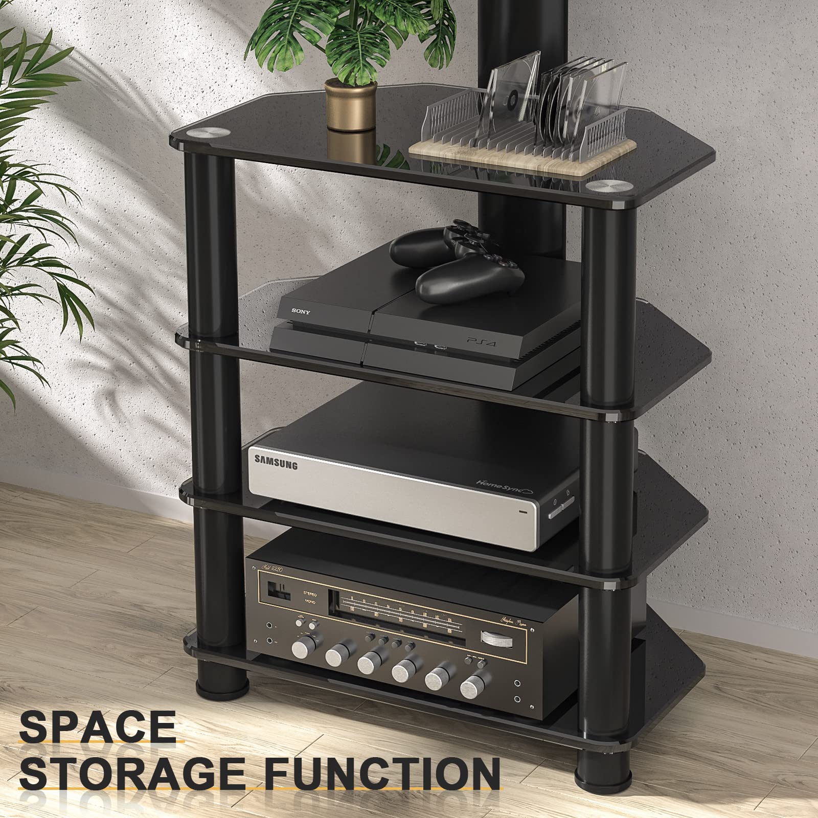TAVR Furniture 4-Tiers Media Component TV Stand with Swivel Mount Audio Shelf and Height Adjustable Bracket, Black Floor TV Stand for 32-70 Inch LCD LED OLED Flat/Curved Screen TVs