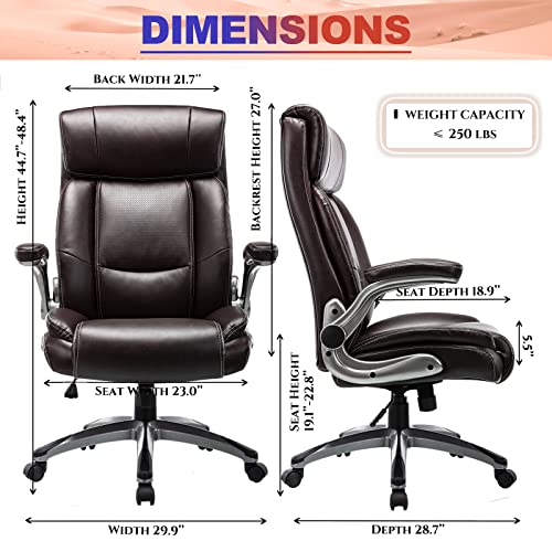 ICOMOCH High Back Office Chair with Flip-up Arms - Executive Computer Desk Chair with Adjustable Height Thick Padded Seat and Back Support Swivel Bonded Leather Task Chair for Home Office Work, Brown