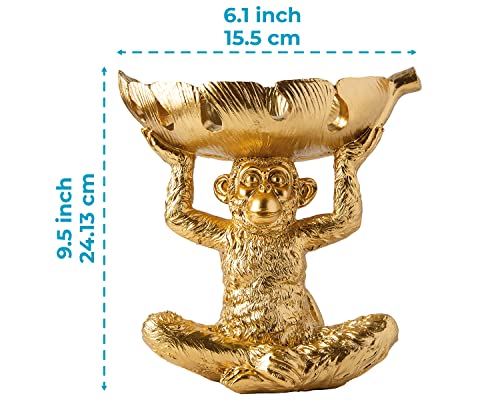 Adorable “Monkey” Candy Tray Made of Resin – Monkey Sculpture w/Split Leaf Dish for Snacks, Nuts, Candies & More – Decorative Holder w/Golden Finish for Keys or Jewelry – Ornament for Modern Decor