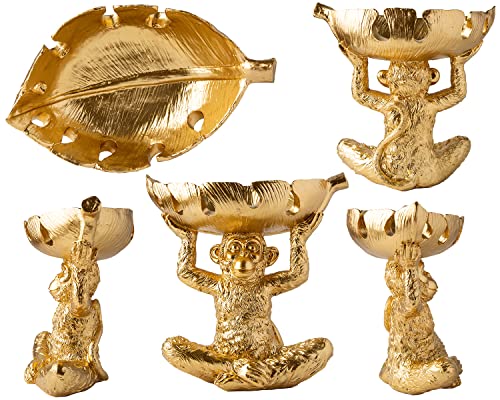Adorable “Monkey” Candy Tray Made of Resin – Monkey Sculpture w/Split Leaf Dish for Snacks, Nuts, Candies & More – Decorative Holder w/Golden Finish for Keys or Jewelry – Ornament for Modern Decor