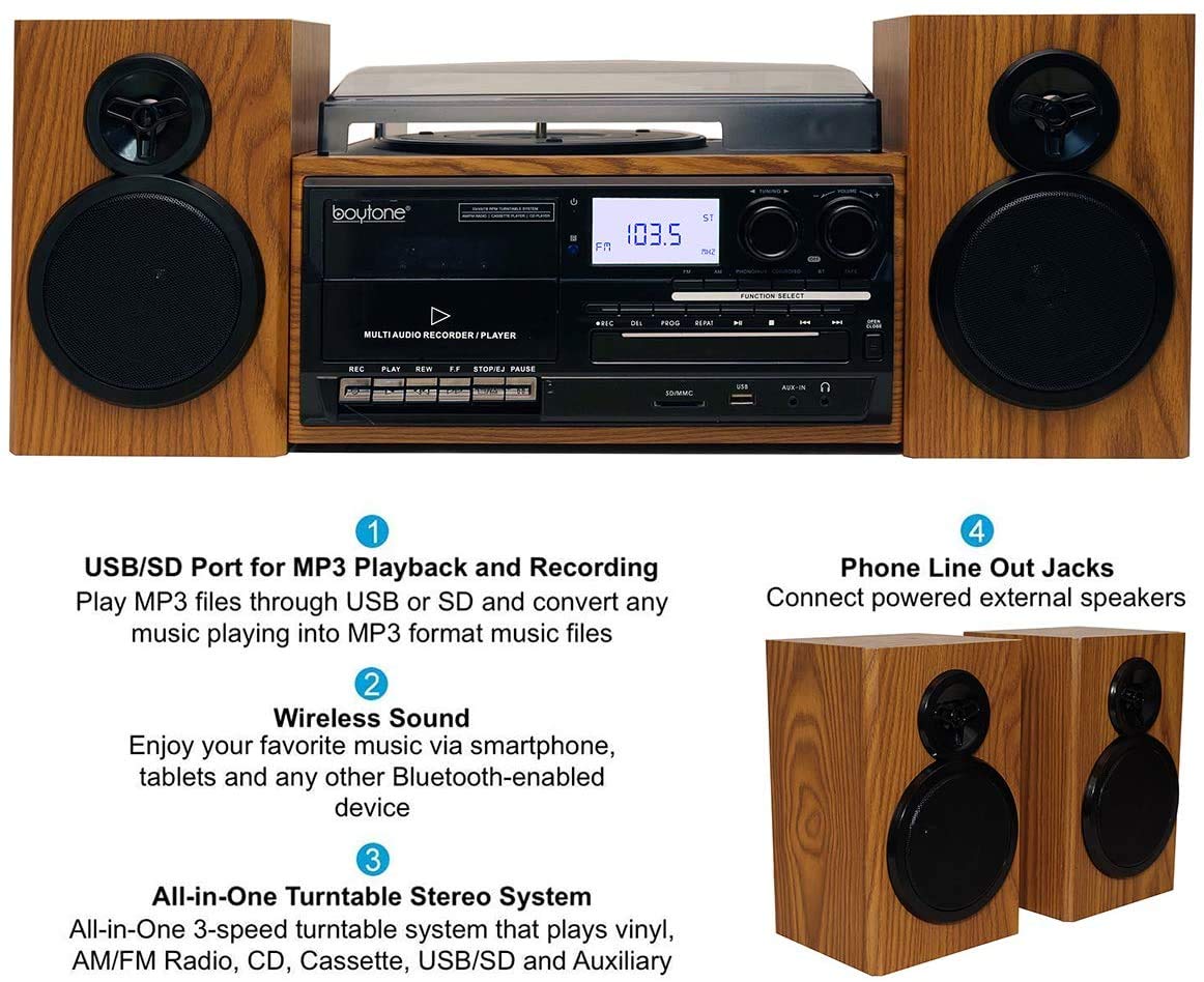 Boytone BT-28SPW Bluetooth Classic Record Player Turntable All-in-One with AM/FM Radio, CD/Cassette Player, 2 Separate Stereo Speakers, Record from Vinyl, Radio, and Cassette to MP3, SD slot, USB, AUX