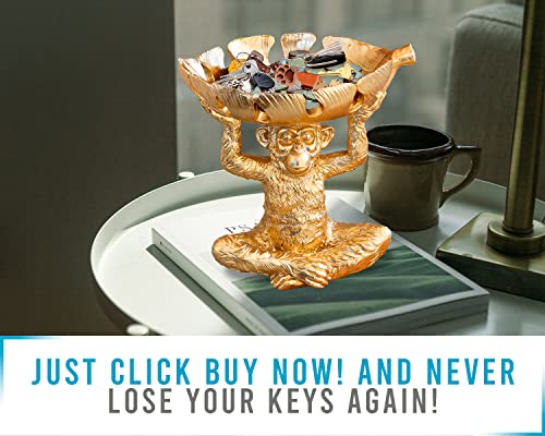 Adorable “Monkey” Candy Tray Made of Resin – Monkey Sculpture w/Split Leaf Dish for Snacks, Nuts, Candies & More – Decorative Holder w/Golden Finish for Keys or Jewelry – Ornament for Modern Decor