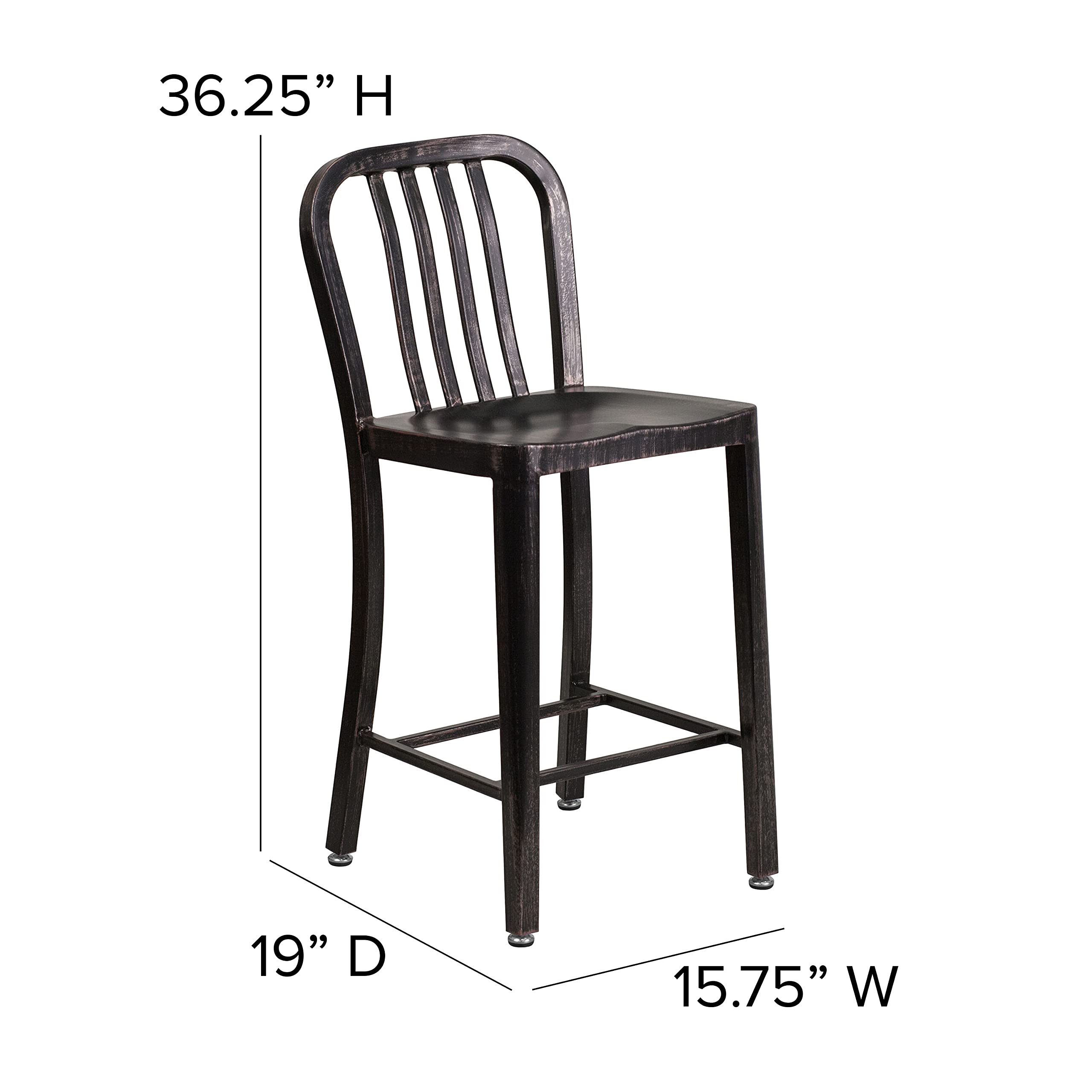 Flash Furniture Gael Commercial Grade 2 Pack 24" High Black-Antique Gold Metal Indoor-Outdoor Counter Height Stool with Vertical Slat Back
