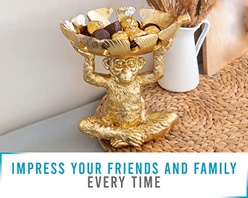 Adorable “Monkey” Candy Tray Made of Resin – Monkey Sculpture w/Split Leaf Dish for Snacks, Nuts, Candies & More – Decorative Holder w/Golden Finish for Keys or Jewelry – Ornament for Modern Decor