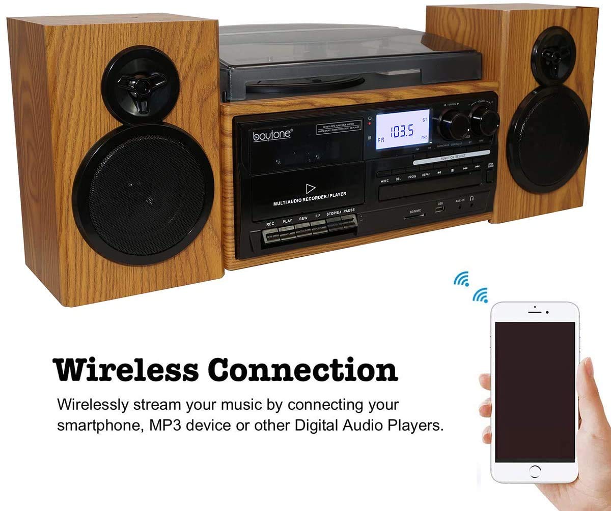 Boytone BT-28SPW Bluetooth Classic Record Player Turntable All-in-One with AM/FM Radio, CD/Cassette Player, 2 Separate Stereo Speakers, Record from Vinyl, Radio, and Cassette to MP3, SD slot, USB, AUX