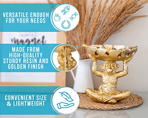 Adorable “Monkey” Candy Tray Made of Resin – Monkey Sculpture w/Split Leaf Dish for Snacks, Nuts, Candies & More – Decorative Holder w/Golden Finish for Keys or Jewelry – Ornament for Modern Decor