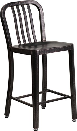 Flash Furniture Gael Commercial Grade 2 Pack 24" High Black-Antique Gold Metal Indoor-Outdoor Counter Height Stool with Vertical Slat Back