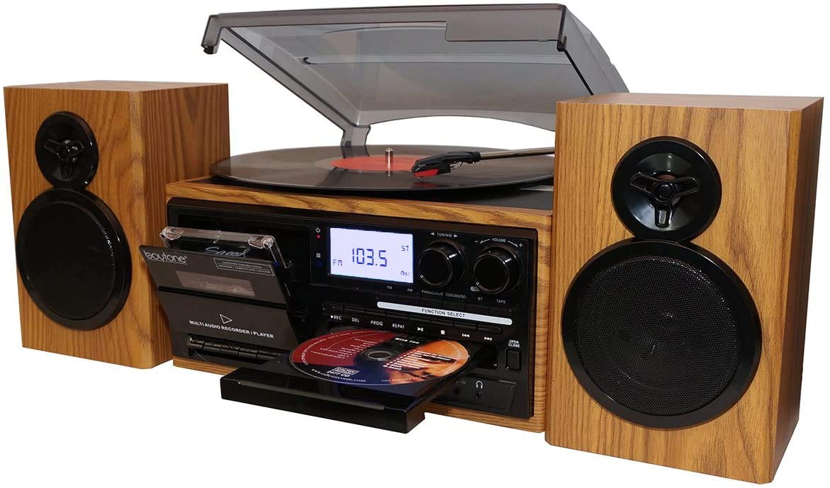 Boytone BT-28SPW Bluetooth Classic Record Player Turntable All-in-One with AM/FM Radio, CD/Cassette Player, 2 Separate Stereo Speakers, Record from Vinyl, Radio, and Cassette to MP3, SD slot, USB, AUX