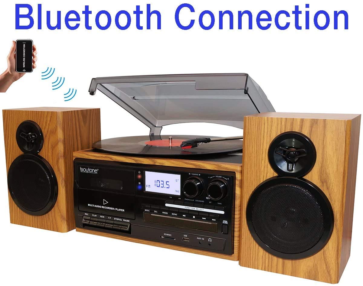 Boytone BT-28SPW Bluetooth Classic Record Player Turntable All-in-One with AM/FM Radio, CD/Cassette Player, 2 Separate Stereo Speakers, Record from Vinyl, Radio, and Cassette to MP3, SD slot, USB, AUX