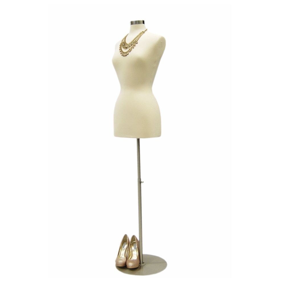 Female Mannequin Dress Form Torso with Round Metal Base and Neck Cap - Off White Premium Fully Pinnable Women's Dress Form #F6/8W+BS-04