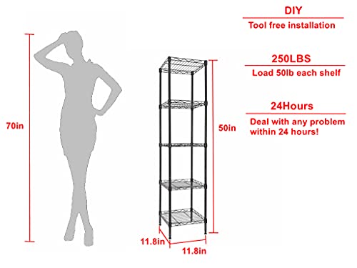 GIOTORENT 5 Tier Standing Shelving Metal Units, Adjustable Height Wire Shelf Display Rack for Laundry Bathroom Kitchen 11.8 W x 11.8 D x 50 H (5-Tier, Black)