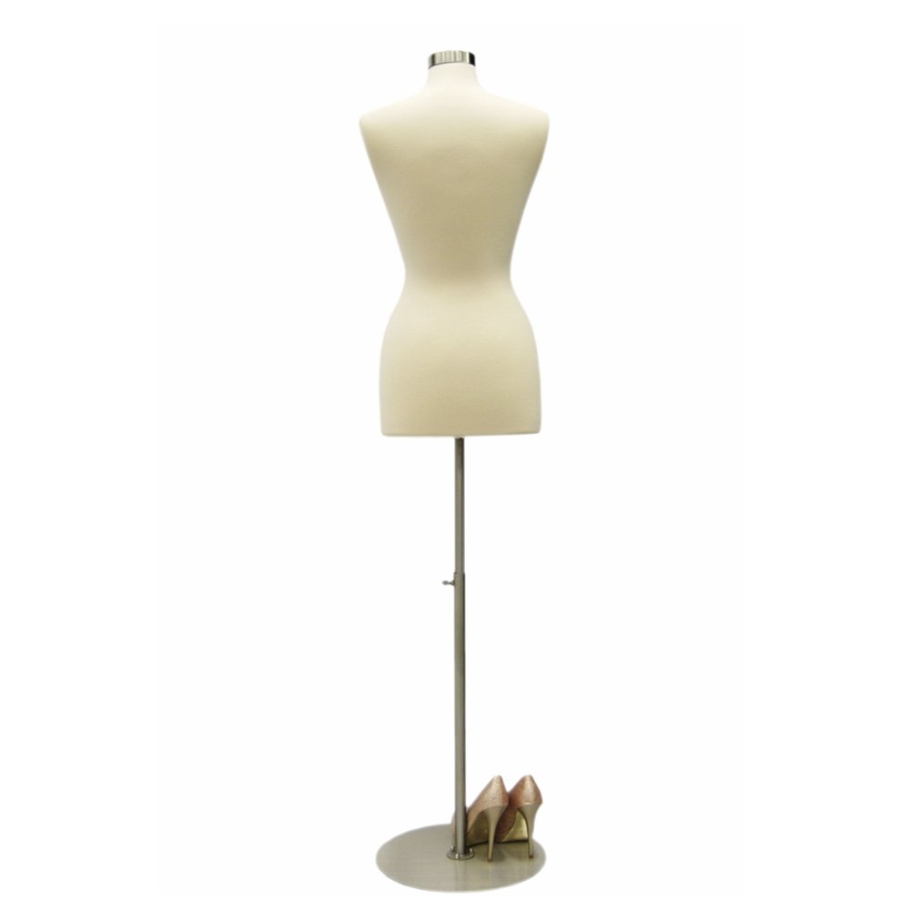 Female Mannequin Dress Form Torso with Round Metal Base and Neck Cap - Off White Premium Fully Pinnable Women's Dress Form #F6/8W+BS-04