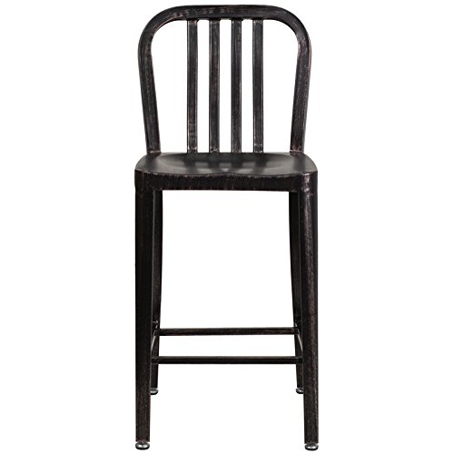 Flash Furniture Gael Commercial Grade 2 Pack 24" High Black-Antique Gold Metal Indoor-Outdoor Counter Height Stool with Vertical Slat Back