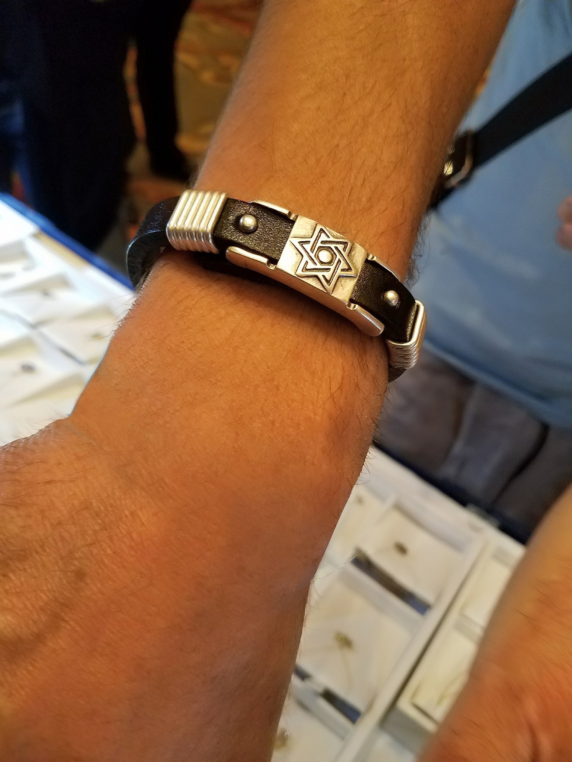Jewish Star of David Black Men's Leather Bracelet Bar Mitzvah Gift