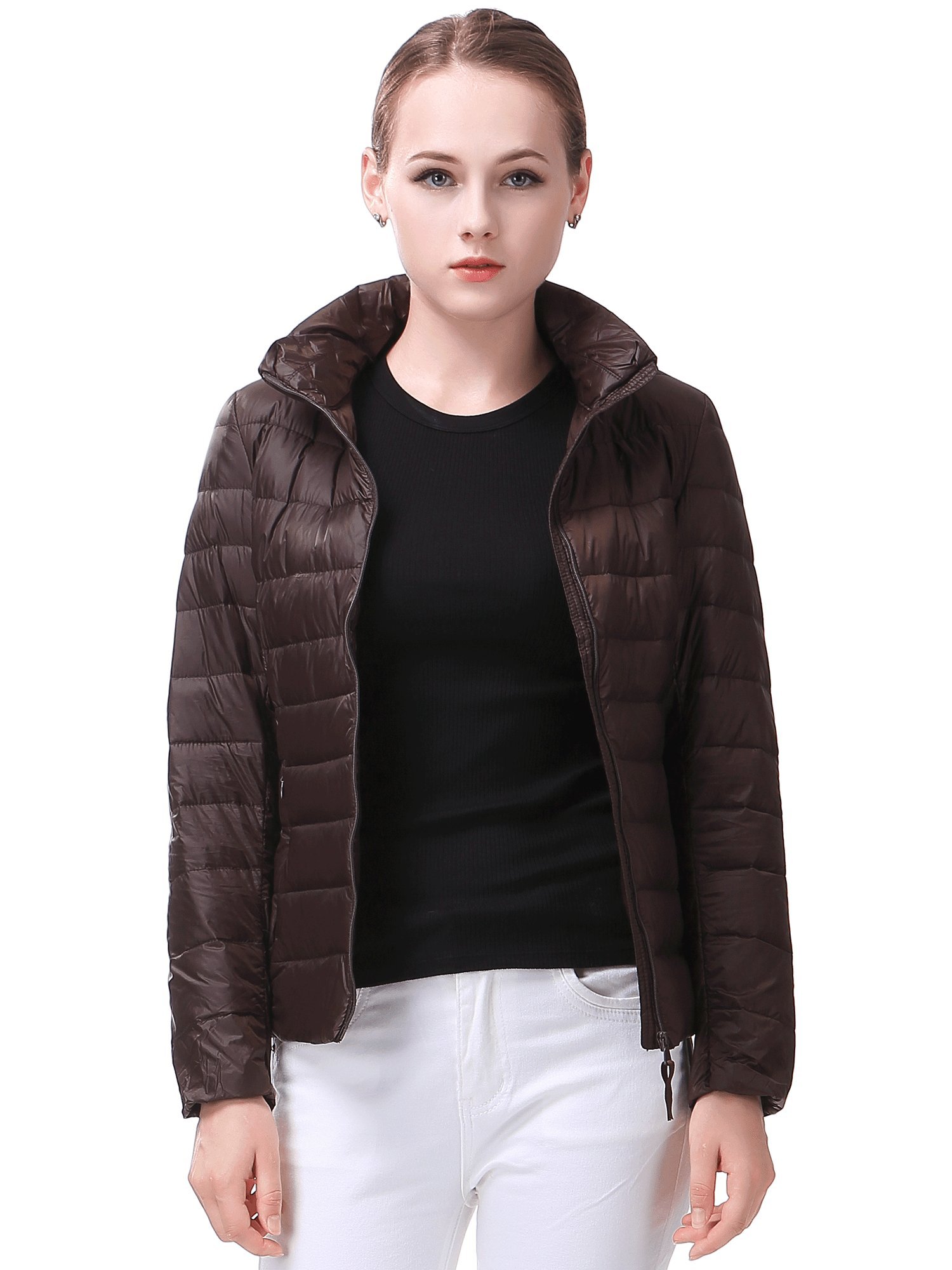 Miya Women's Packable Ultra light Weight Short Down Jacket Coat Stand collar-01Coffee Medium