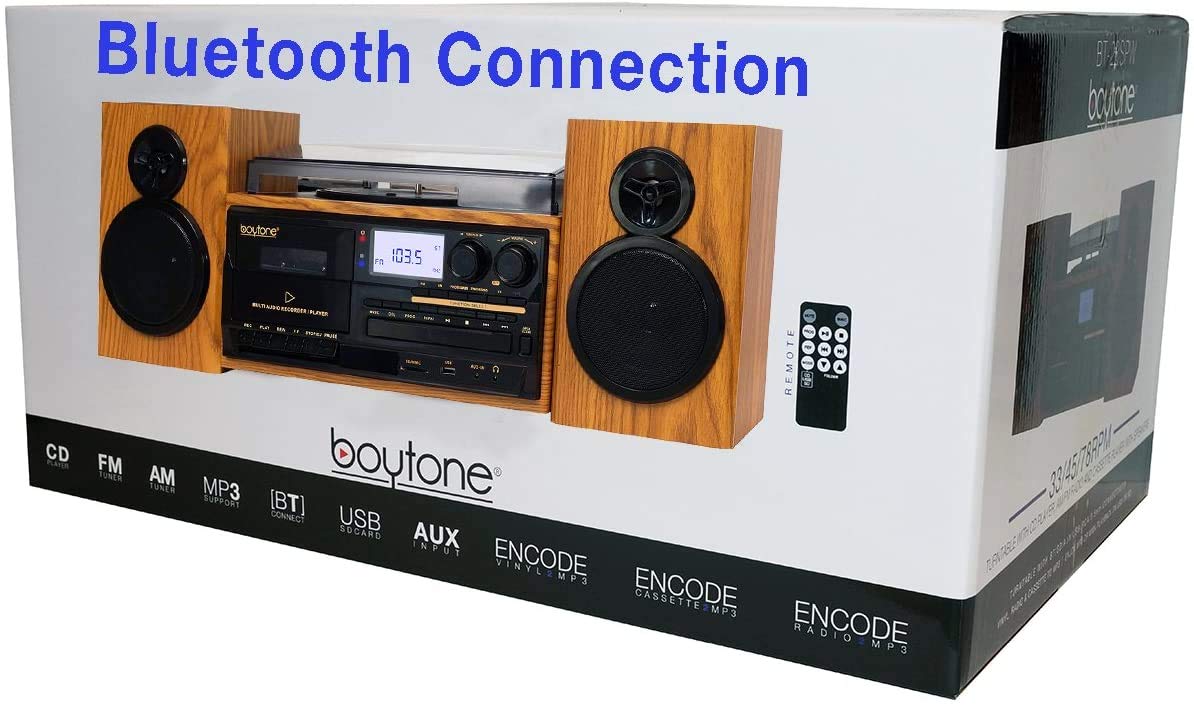 Boytone BT-28SPW Bluetooth Classic Record Player Turntable All-in-One with AM/FM Radio, CD/Cassette Player, 2 Separate Stereo Speakers, Record from Vinyl, Radio, and Cassette to MP3, SD slot, USB, AUX
