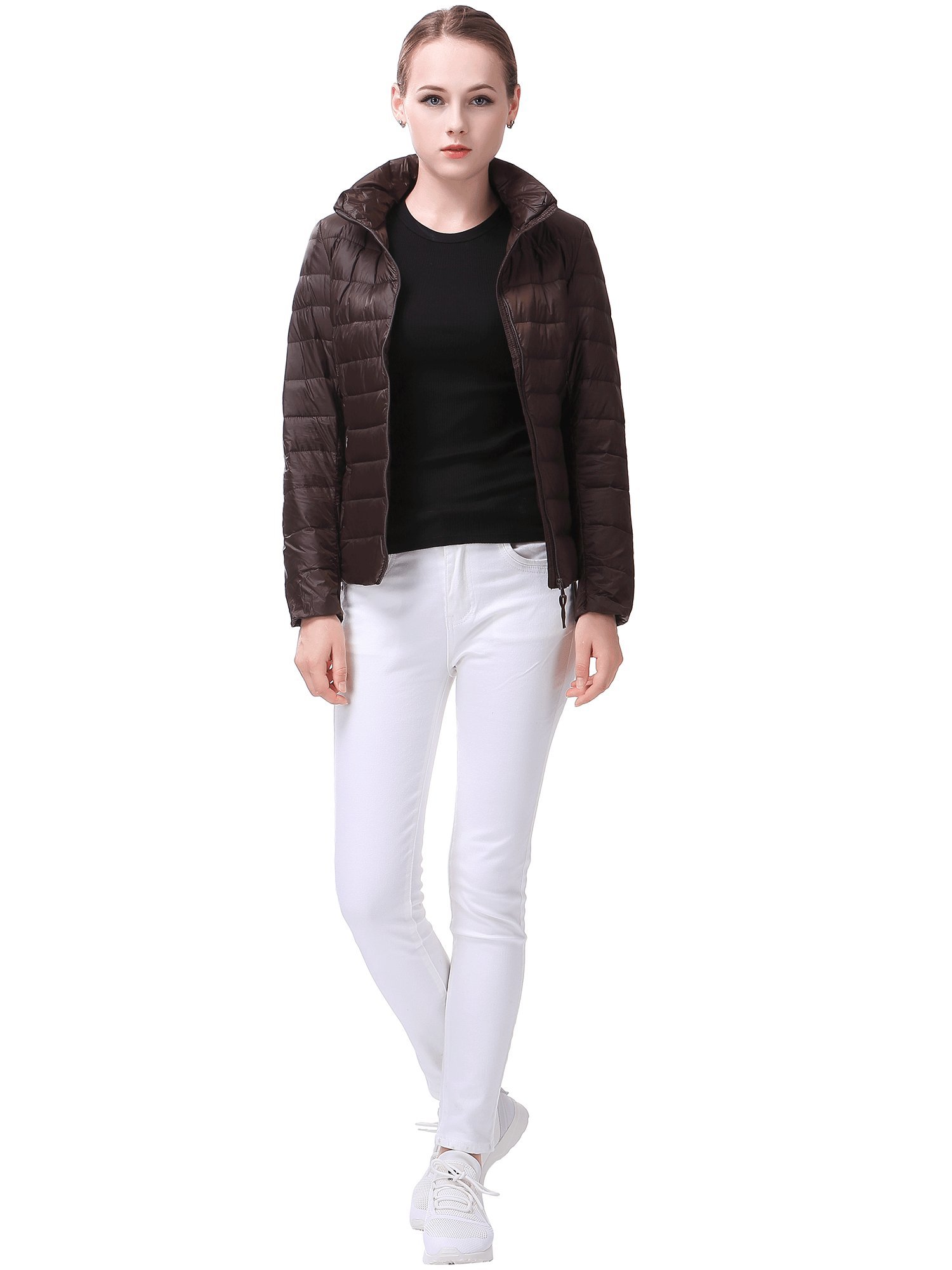 Miya Women's Packable Ultra light Weight Short Down Jacket Coat Stand collar-01Coffee Medium