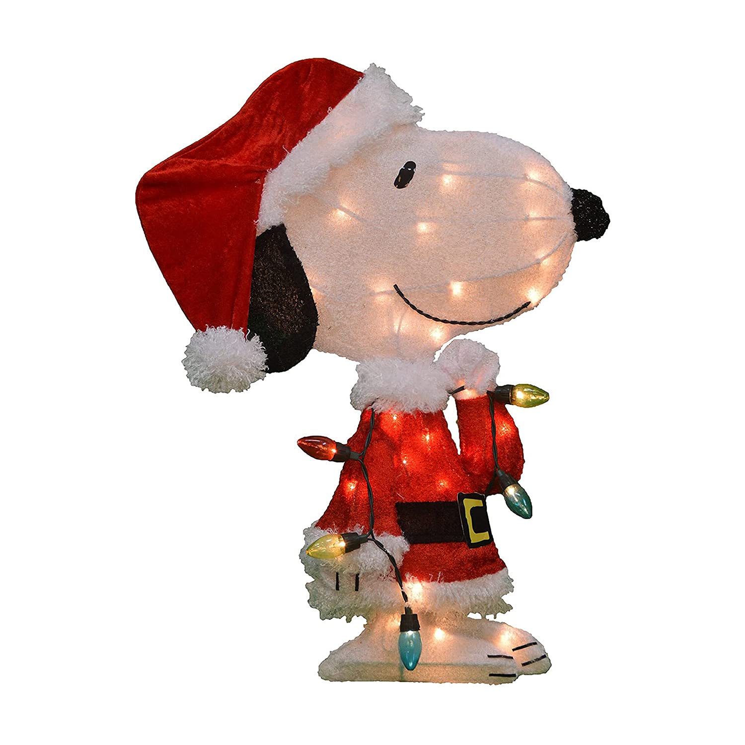 ProductWorks Peanuts Pre Lit 24 Inch Snoopy Santa Claus 3D Outdoor Indoor Christmas Lawn Yard Ornament Home Decoration with 35 Clear Lights and Stand