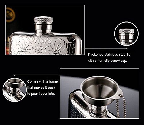 LANZON Hip Flask with Funnel, All 18/8 304 Food Grade Stainless Steel Curved Pocket Flask for Liquor | 6 OZ Capacity | Gift Boxed (Flower Pattern)