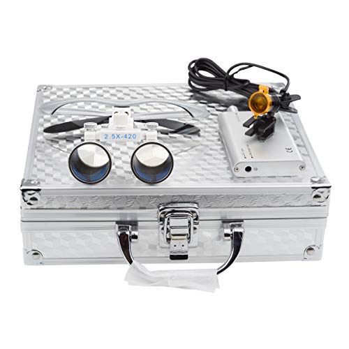 2.5X Binocular Loupes 420mm Optical Glasses +3W LED Headlight Lamp with Filter + Aluminum Box Silver
