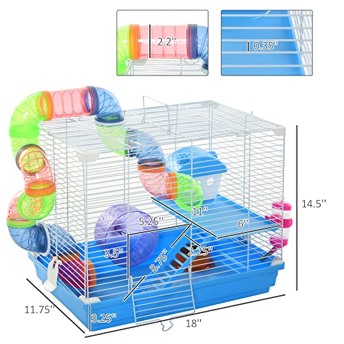 PawHut 2-Level Hamster Cage Rodent Gerbil House Mouse Mice Rat Habitat Metal Wire with Exercise Wheel, Play Tubes, Water Bottle, Food Dishes, & Interior Ladder