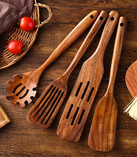 Kitchen Utensils Set, NAYAHOSE 11 Pcs Teak Wood Cooking Utensils Spoons Spatulas Spurtles Kit Non-stick Natural Kitchen Tools for Cooking