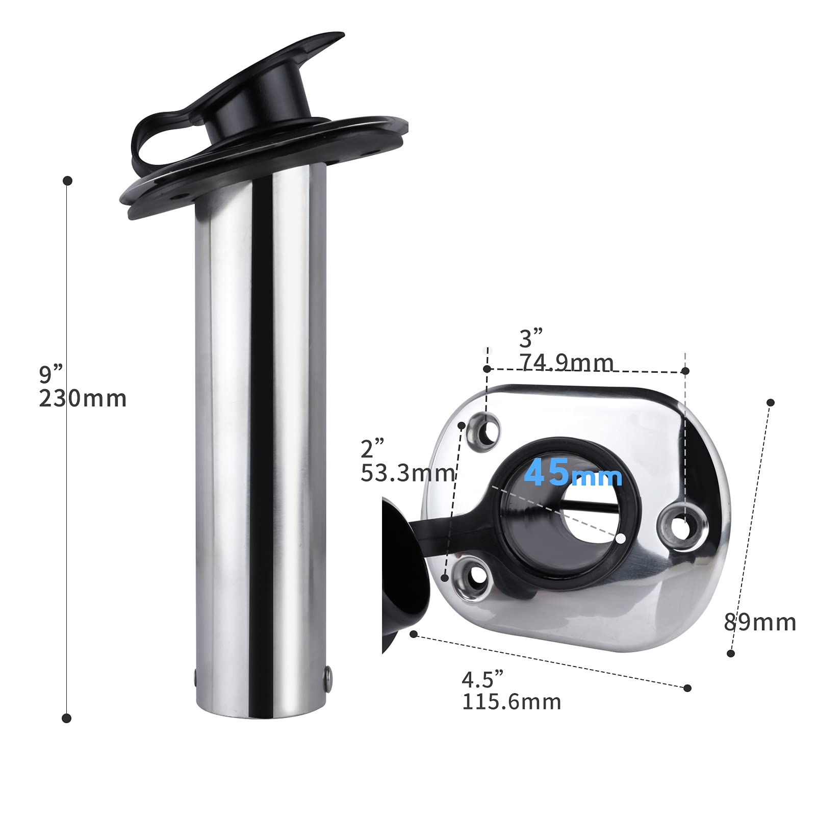 HOFFEN 2PCS STAINLESS STEEL FISHING ROD HOLDER 9" Flush Mount with UV PVC Liner( 30 Degree)