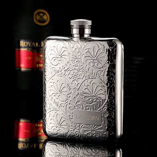 LANZON Hip Flask with Funnel, All 18/8 304 Food Grade Stainless Steel Curved Pocket Flask for Liquor | 6 OZ Capacity | Gift Boxed (Flower Pattern)