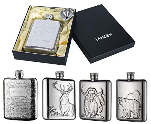 LANZON Hip Flask with Funnel, All 18/8 304 Food Grade Stainless Steel Curved Pocket Flask for Liquor | 6 OZ Capacity | Gift Boxed (Flower Pattern)