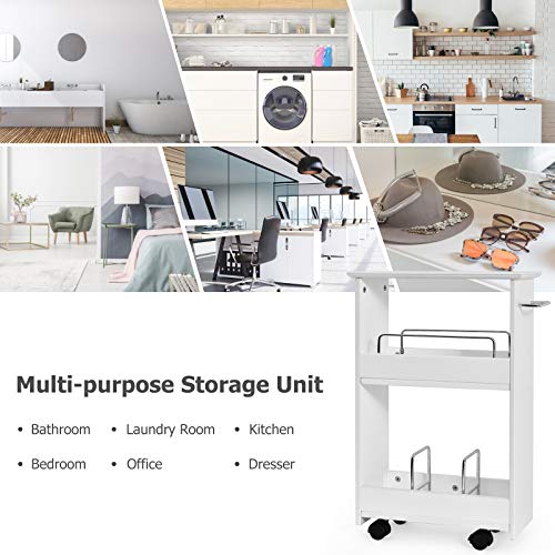 GOFLAME Slim Bathroom Storage Cart, Wooden Storage Shelf with Towel Bar and Side Handle, Storage Cabinet Organizer with Rolling Casters for Bathroom, Laundry, Kitchen