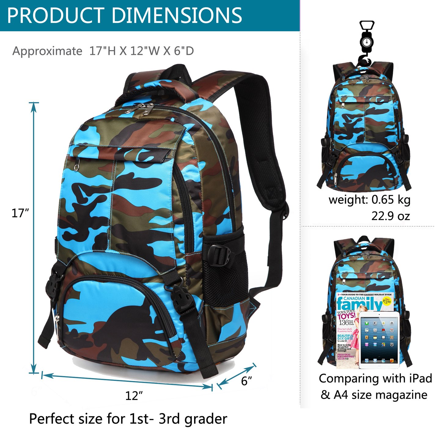 BLUEFAIRY Kids Backpack for Boys Elementary Primary Middle School Book Bags Bookbags Back to School Bags Large Compartment Mochila Escolar para Niños Camouflage Blue