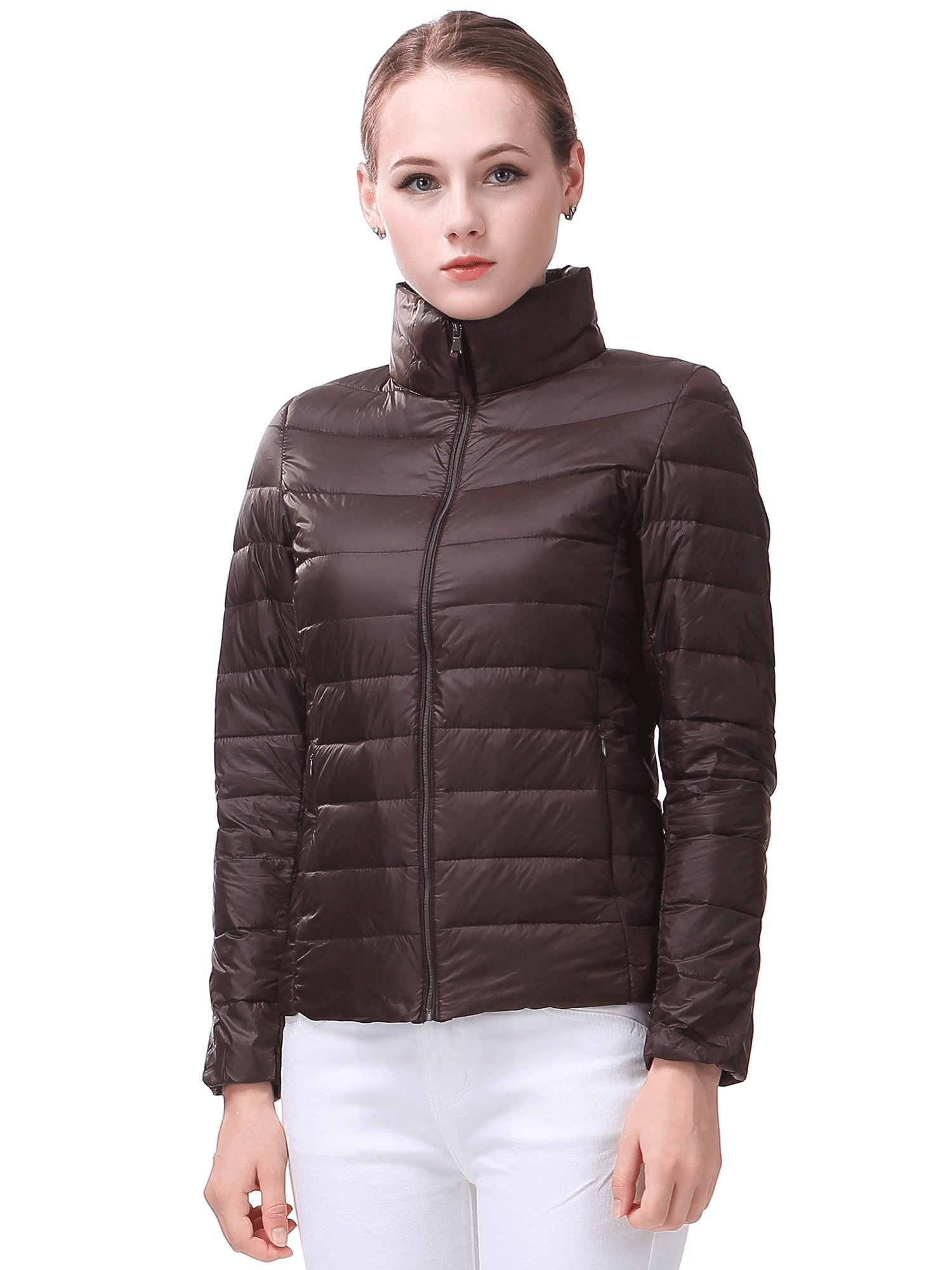 Miya Women's Packable Ultra light Weight Short Down Jacket Coat Stand collar-01Coffee Medium