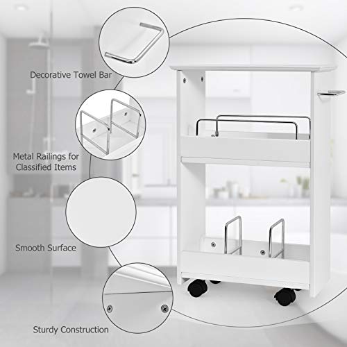 GOFLAME Slim Bathroom Storage Cart, Wooden Storage Shelf with Towel Bar and Side Handle, Storage Cabinet Organizer with Rolling Casters for Bathroom, Laundry, Kitchen