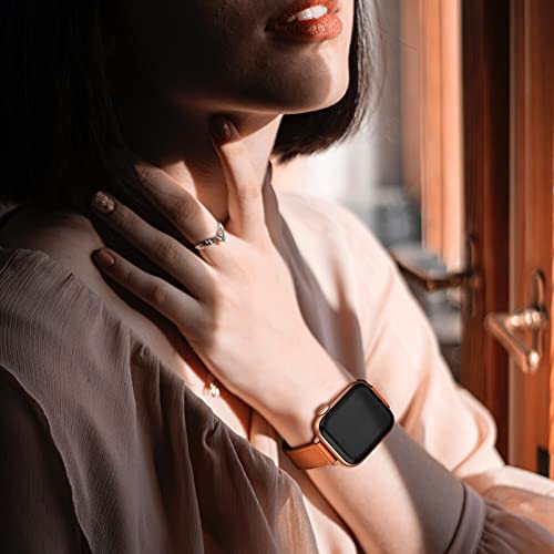 OUHENG Slim Band Compatible with Apple Watch Band 41mm 40mm 38mm, Women Genuine Leather Band Replacement Thin Strap for iWatch SE2 SE Series 8 7 6 5 4 3 2 1 (Brown/Rose Gold, 41mm 40mm 38mm)