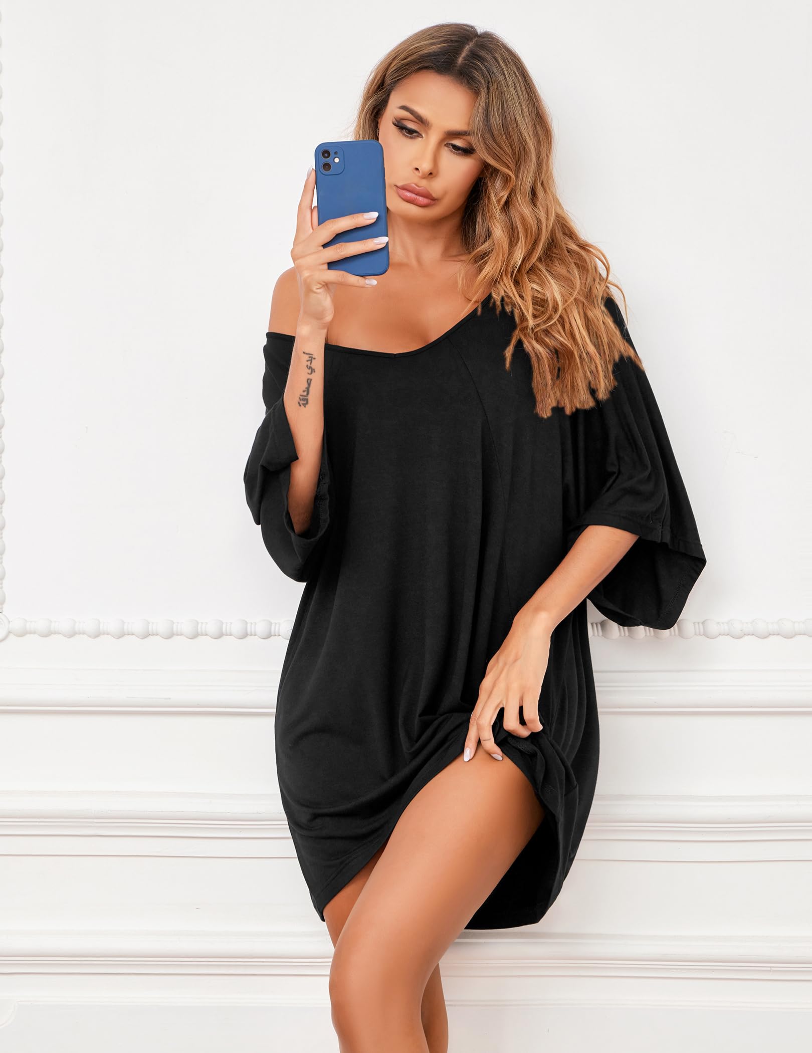 Ekouaer Deep V Neck Sleepshirt Sexy Cotton Nightshirt For Women Plus Size,Black,Small