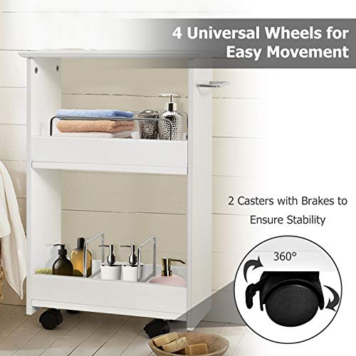 GOFLAME Slim Bathroom Storage Cart, Wooden Storage Shelf with Towel Bar and Side Handle, Storage Cabinet Organizer with Rolling Casters for Bathroom, Laundry, Kitchen
