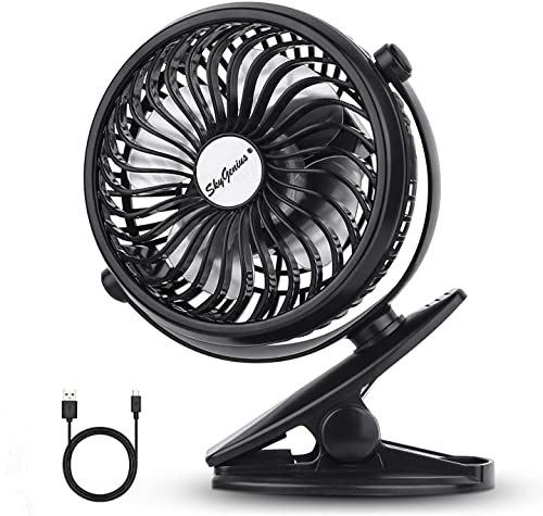 AJOYEUX Battery Operated Clip on Fan, Portable Rechargeable Personal fan (5 inch) for stroller, camping, cart seat, gym, Black