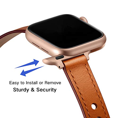 OUHENG Slim Band Compatible with Apple Watch Band 41mm 40mm 38mm, Women Genuine Leather Band Replacement Thin Strap for iWatch SE2 SE Series 8 7 6 5 4 3 2 1 (Brown/Rose Gold, 41mm 40mm 38mm)