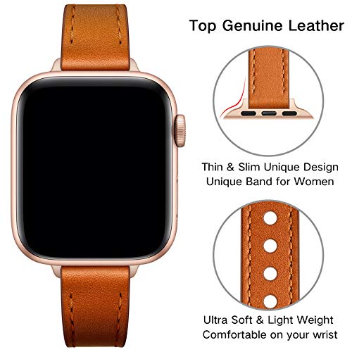 OUHENG Slim Band Compatible with Apple Watch Band 41mm 40mm 38mm, Women Genuine Leather Band Replacement Thin Strap for iWatch SE2 SE Series 8 7 6 5 4 3 2 1 (Brown/Rose Gold, 41mm 40mm 38mm)