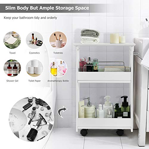 GOFLAME Slim Bathroom Storage Cart, Wooden Storage Shelf with Towel Bar and Side Handle, Storage Cabinet Organizer with Rolling Casters for Bathroom, Laundry, Kitchen