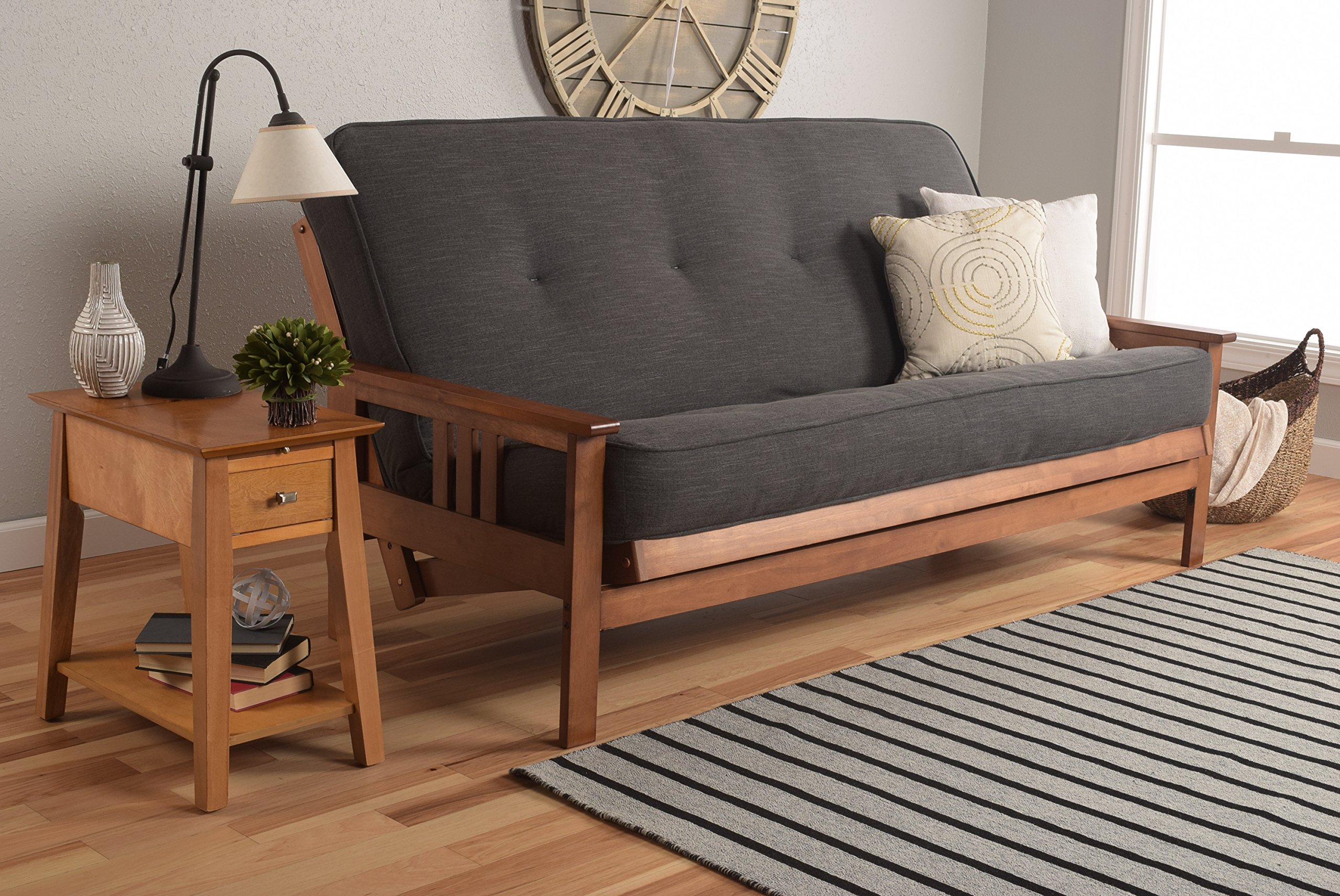 Jerry Sales Mattress and Frame Set ONLY Wooden Futon Monterey Arms Style Sofa Bed Couch Innerspring Mattress Cover Choices Buy Futons (Barbados Frame - Charcoal Linen Fabric)